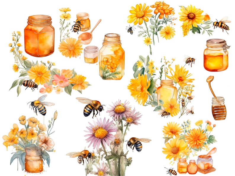Watercolor Bee and Honey Clipart Bundle PNG Summer Flowers With Honey ...