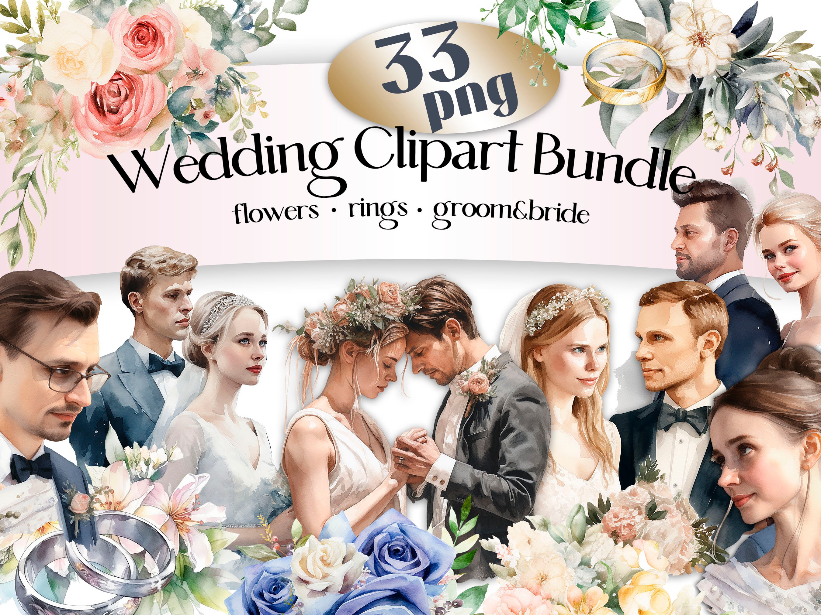 Wedding Clipart Bundle PNG Bride and Groom Watercolor Marriage Digital ...