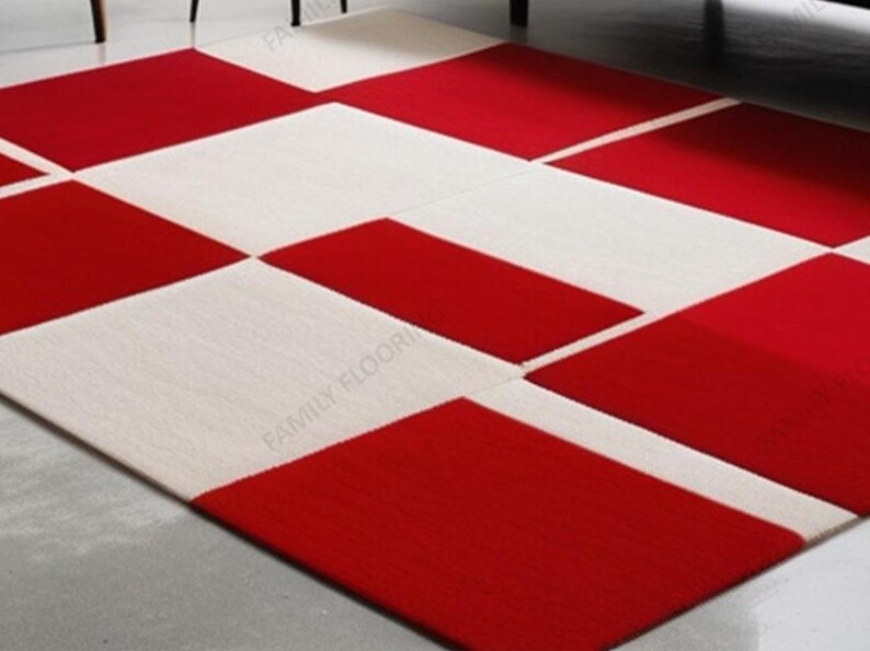 Hand-tufted Wool Area Rug: Geometric Red and White Carpet - Etsy