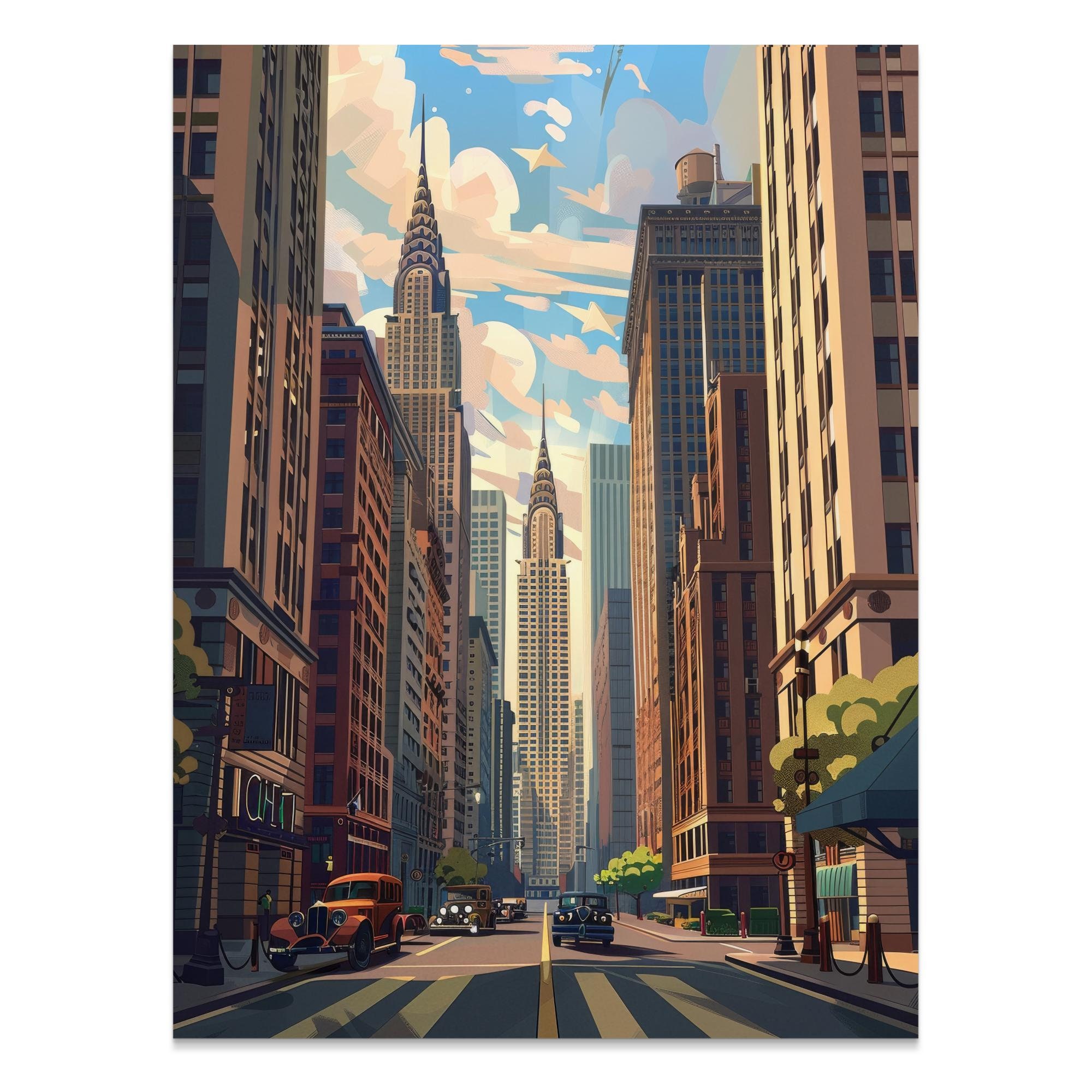 Vintage New York City Street Scene Wall Art, Retro Urban Skyline, Taxi ...