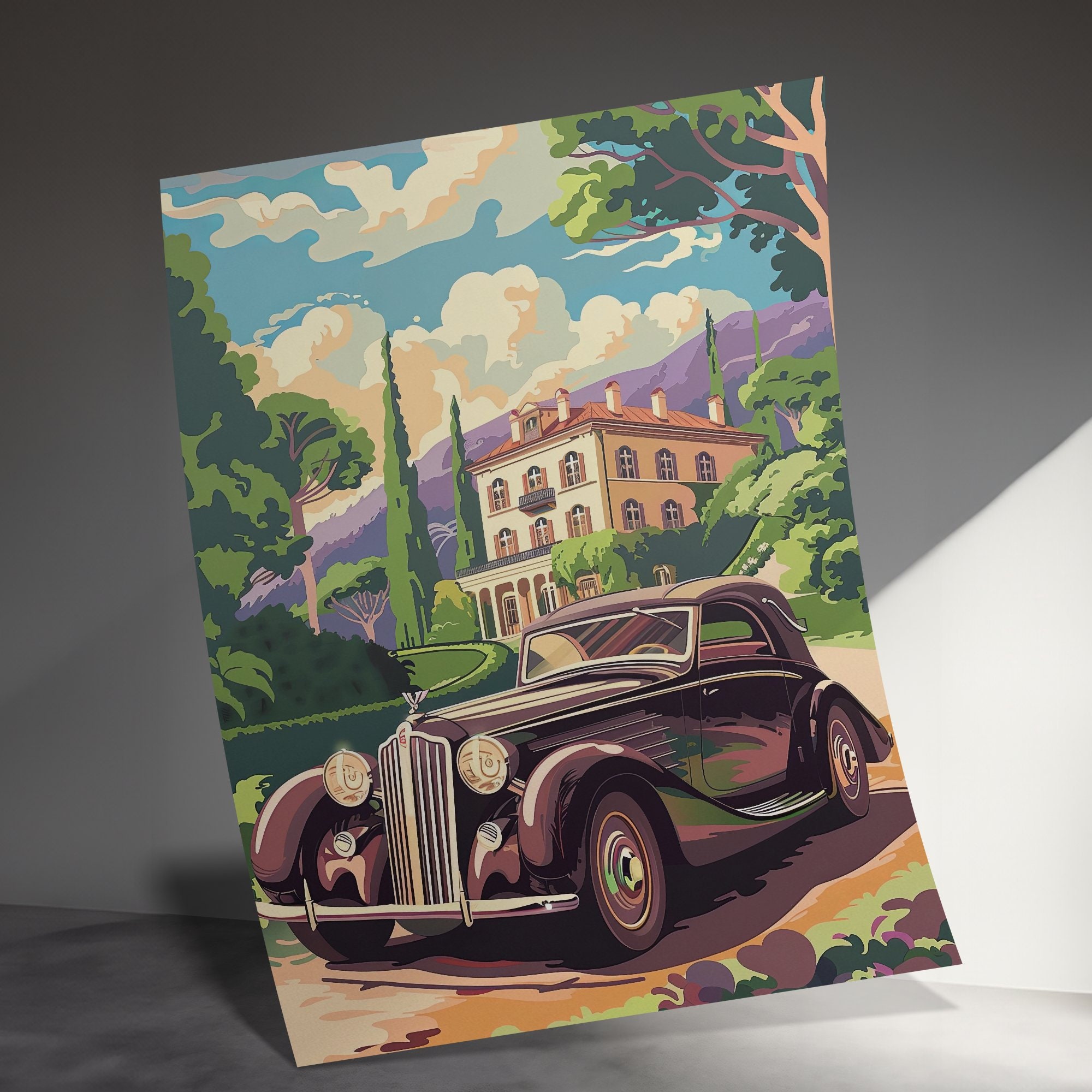 Vintage Car and Mansion Art Print, Classic Automobile Wall Art, Elegant ...