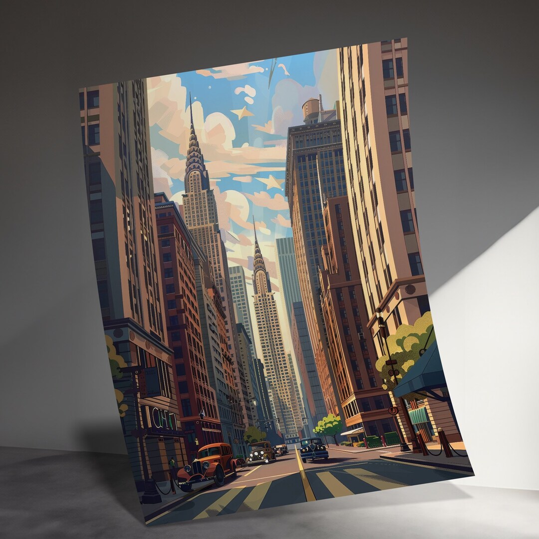 Vintage New York City Street Scene Wall Art, Retro Urban Skyline, Taxi ...