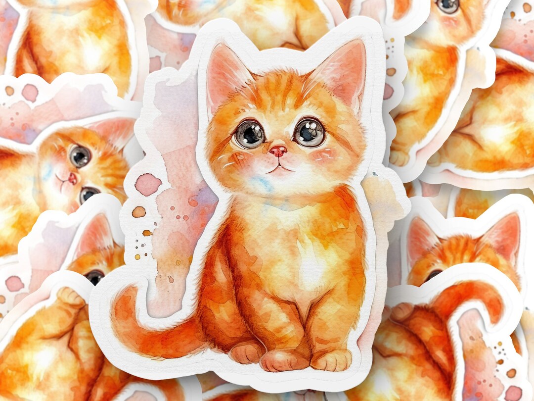 Cute Orange Tabby Cat Sticker, Watercolor Kitten Decal, Laptop and ...