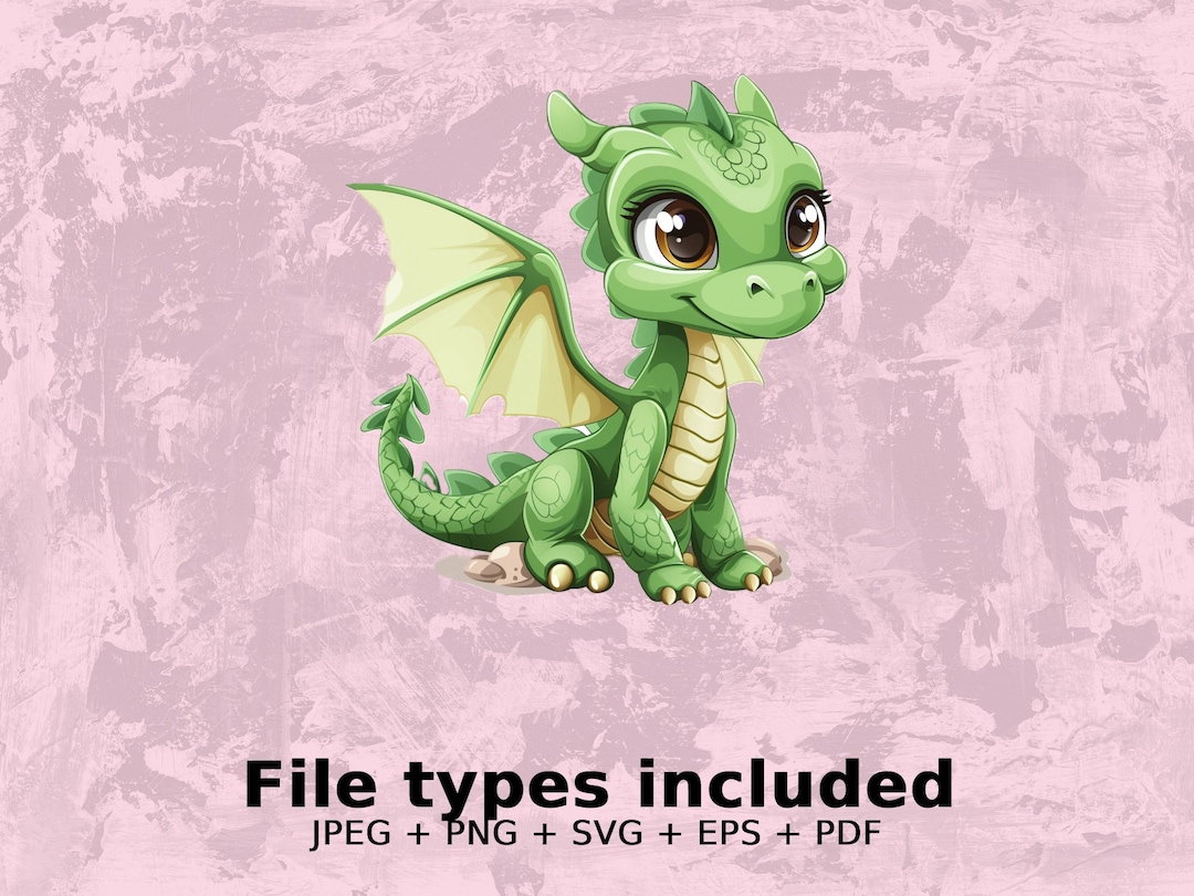 Cute Green Baby Dragon Digital Art, Cartoon Dragon Clipart, Fantasy ...