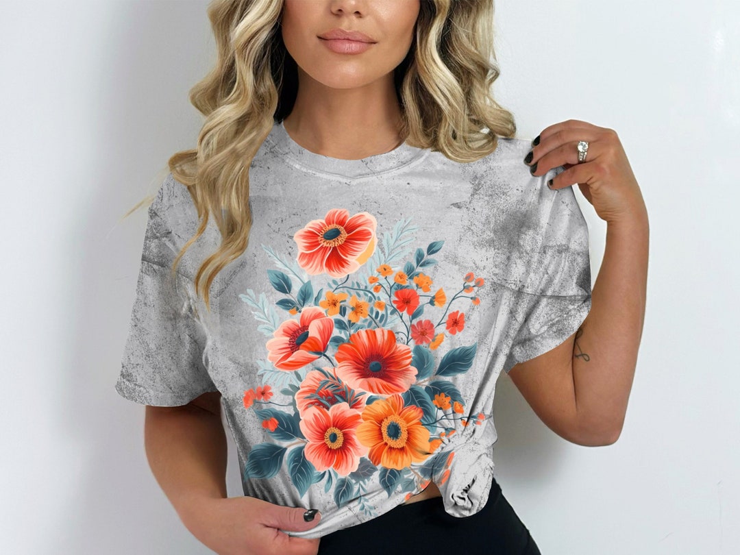 Floral T-shirt, Vibrant Orange Poppy Print, Botanical Art Tee, Women's ...