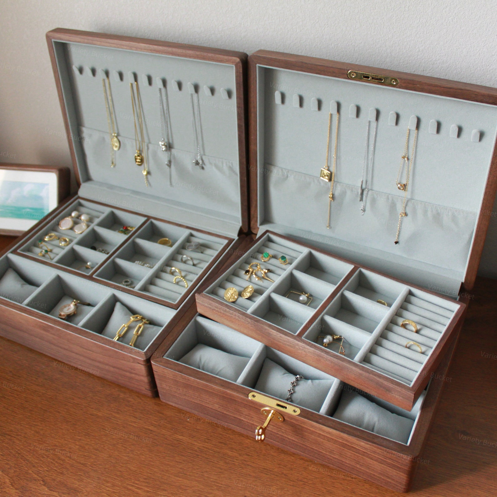Extra Large Walnut Wood Jewelry Box: Velvet Lined Storage With Lock - Etsy