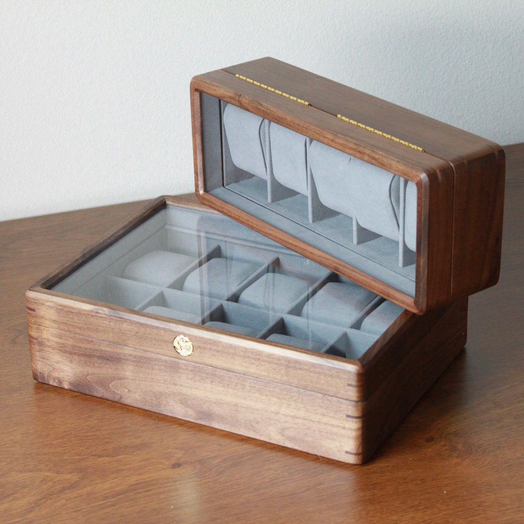 Glass Top Solid Walnut Wood Watch Box Unique Jewelry Box Functional ...