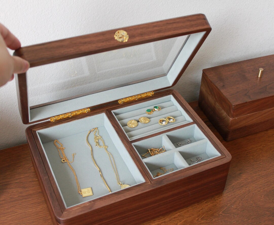 Extra Large Glass Top Exquisite Unique Jewelry Box Solid Walnut Wood ...