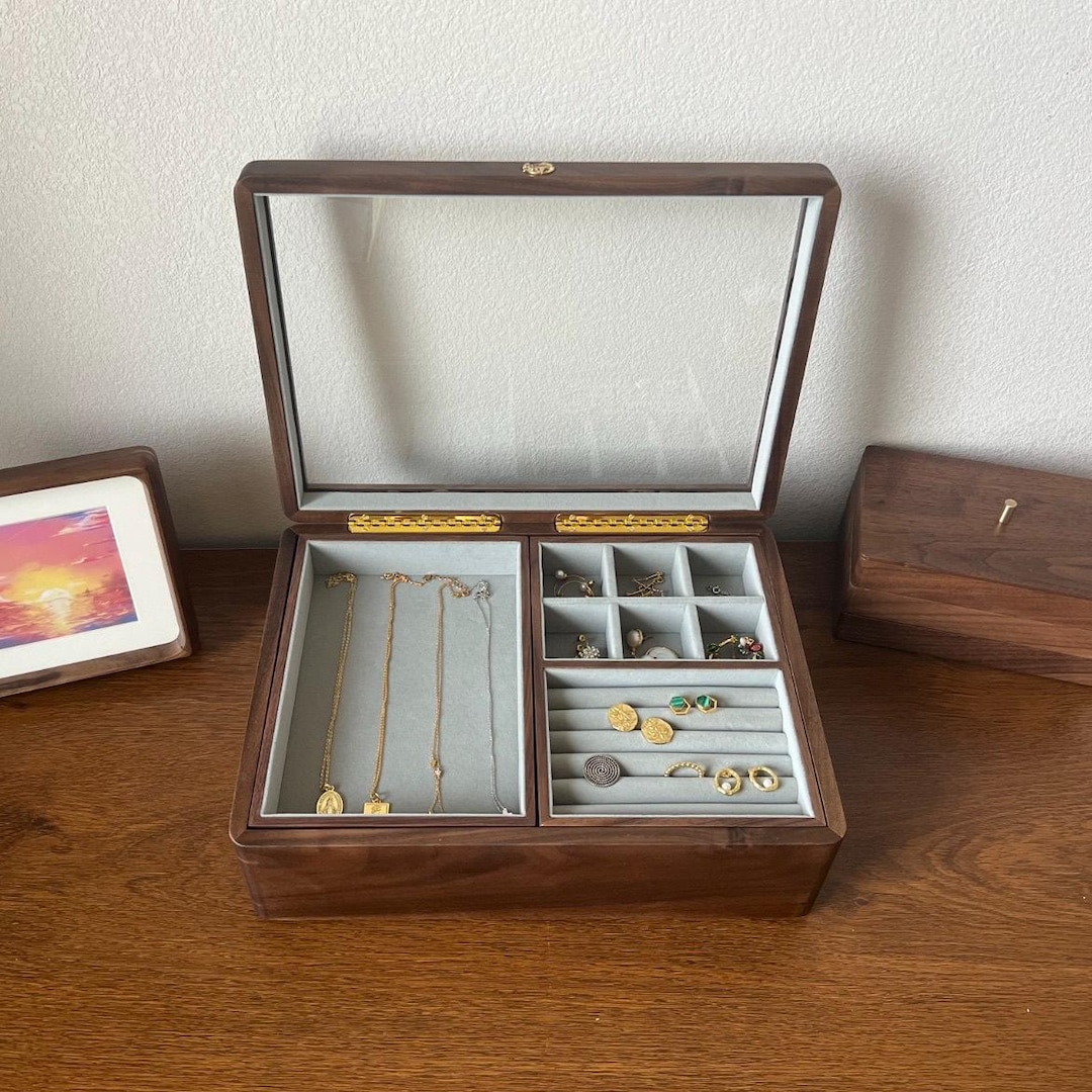 Extra Large Glass Top Exquisite Unique Jewelry Box Solid Walnut Wood ...