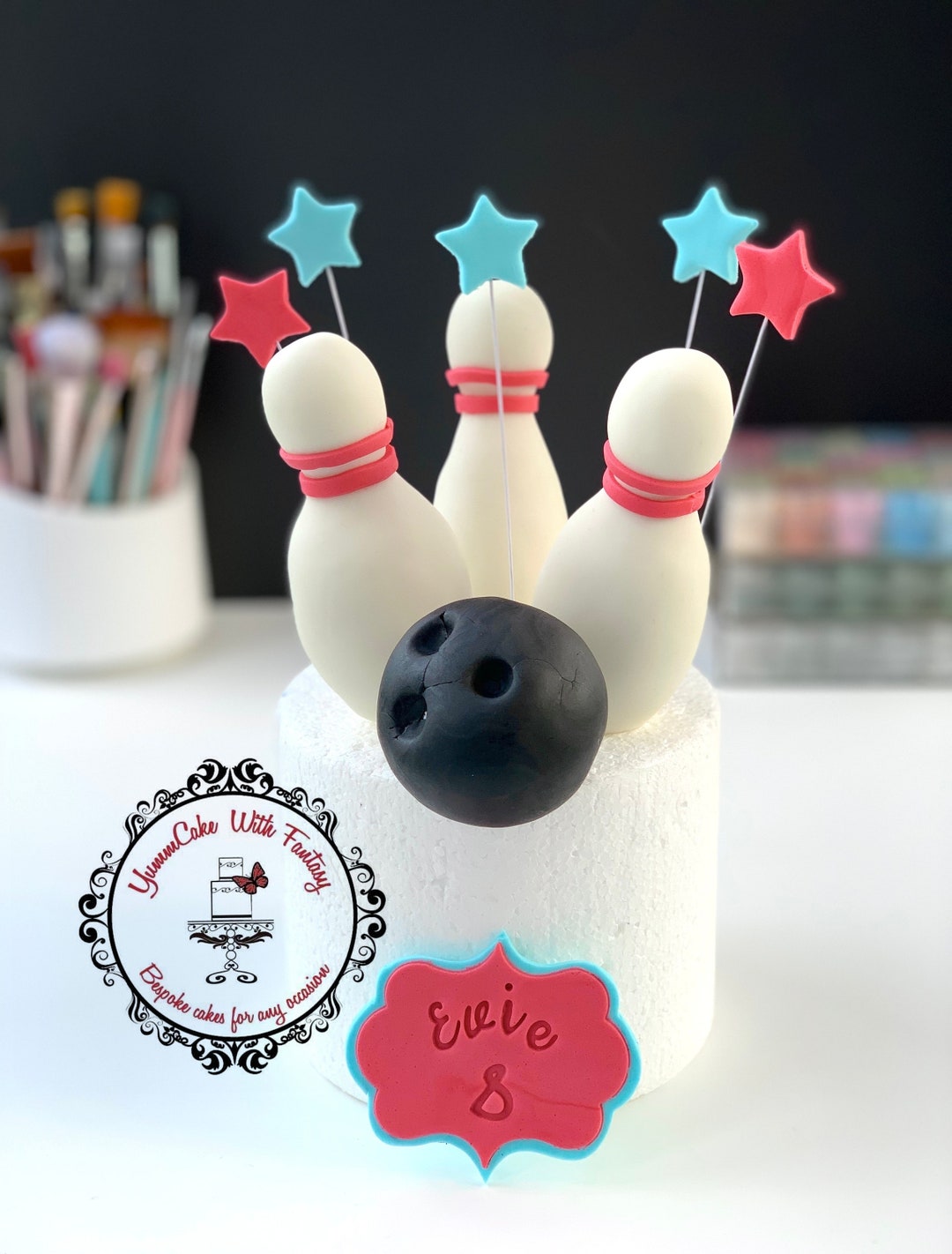 Bowling Pins , Bowling Ball , Stars & Name Plaque Fondant Edible Cake ...