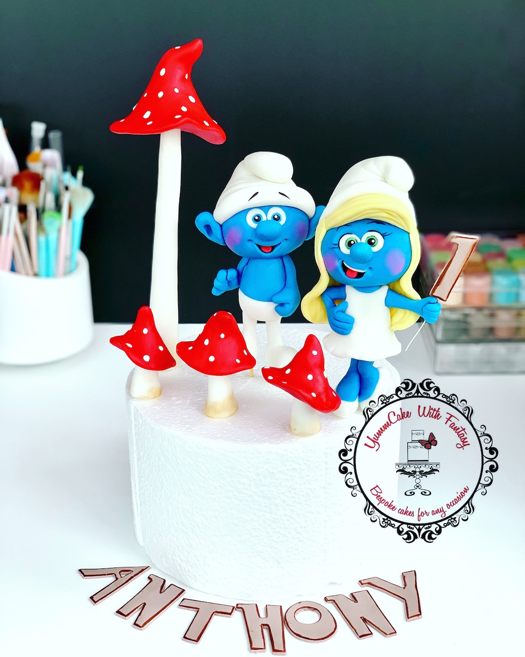 Smurf & Smurfette Handmade Edible Fondant Birthday Cake Topper ...