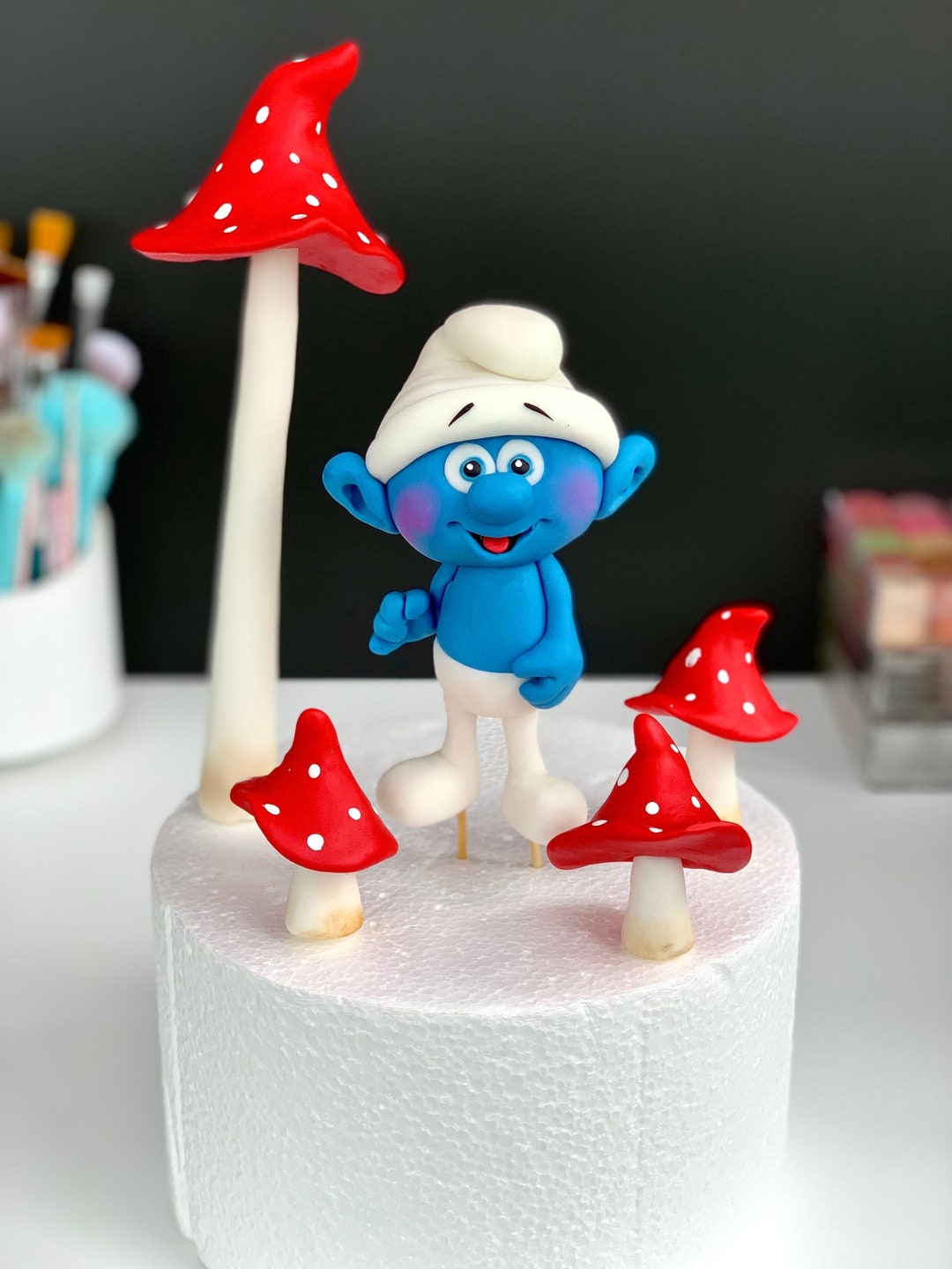 Smurf & Toadstools Handmade Edible Fondant Birthday Cake Topper ...