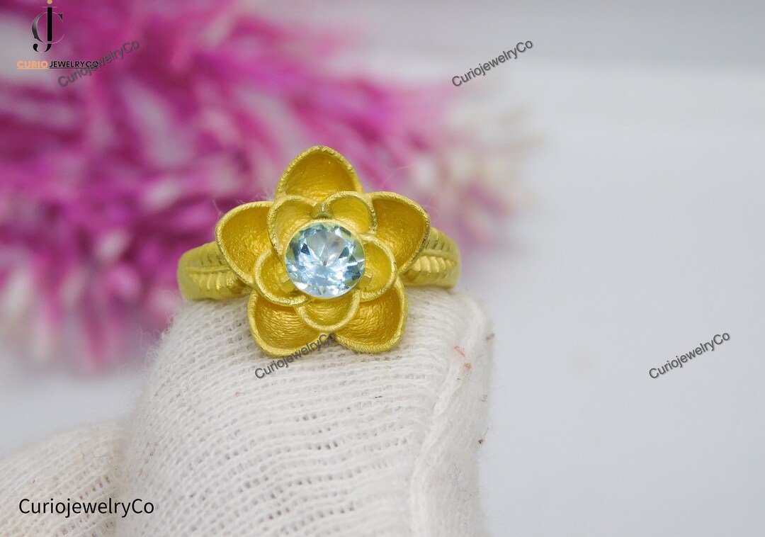 Cosmos Flower Aquanarine Ring, Natural Aquamarine Dainty Ring, Custom ...