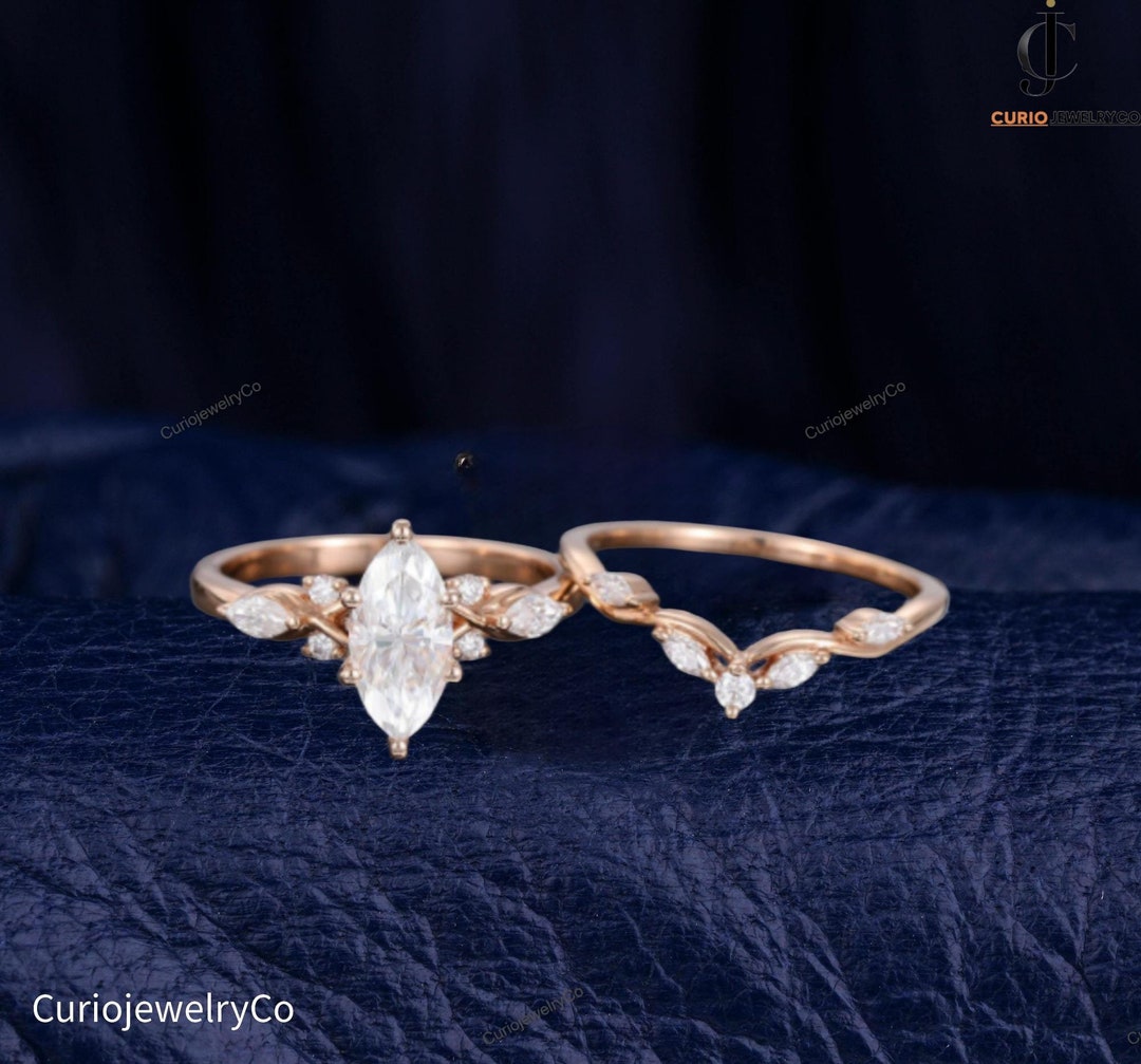Marquise Cut Moissanite Engagement Ring Set Vintage Moissanite Wedding ...