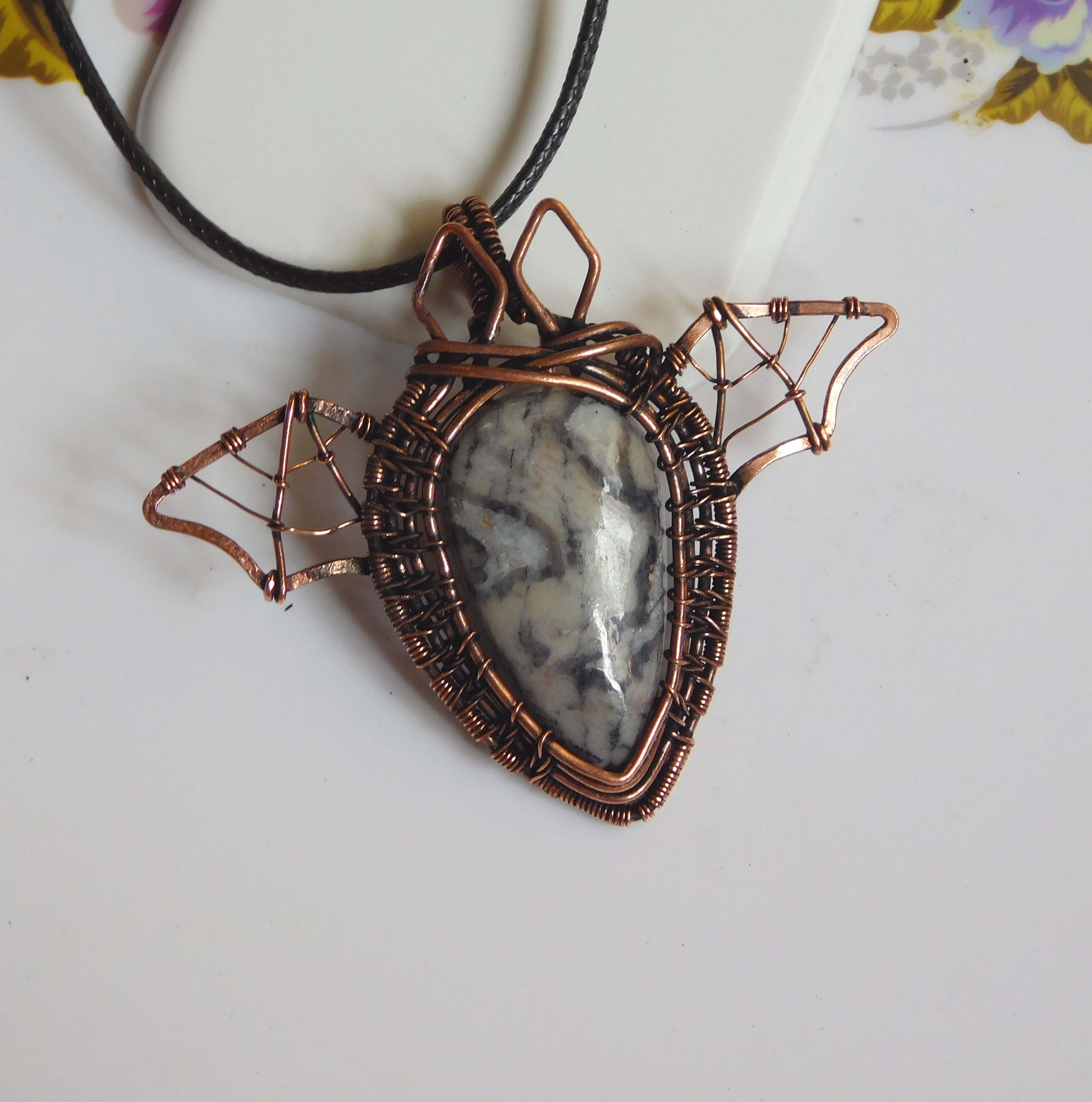 Wave Jasper Bat Pendant Copper Wire Wrapped Pendants Rainbow Moonstone ...
