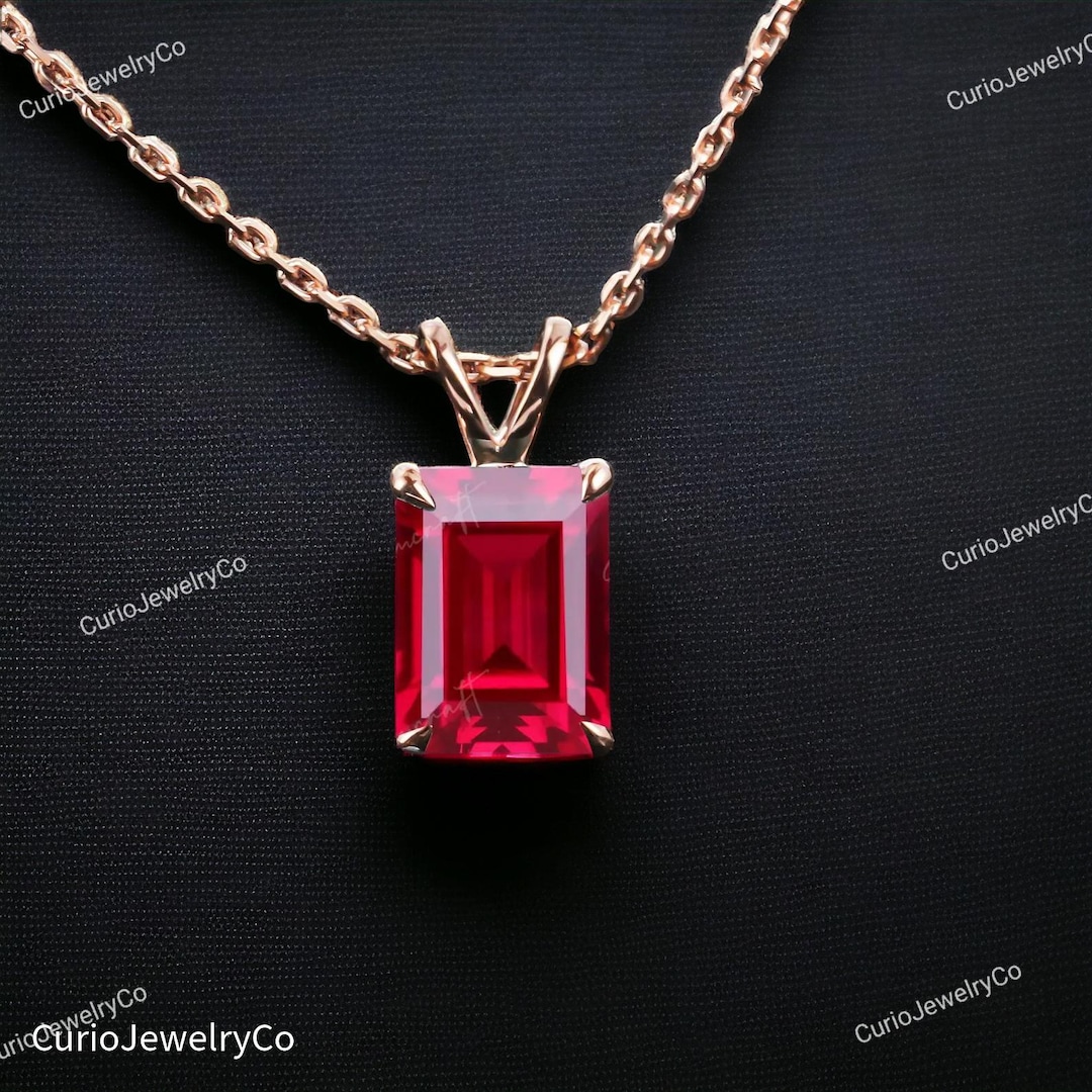 Emerald Cut Red Ruby Necklace, Baguette Cut Ruby Birthstone Necklace ...