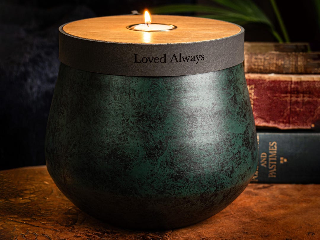Emerald Green Cremation Urn: Smoke Grey Leather, Personalised Engraving ...