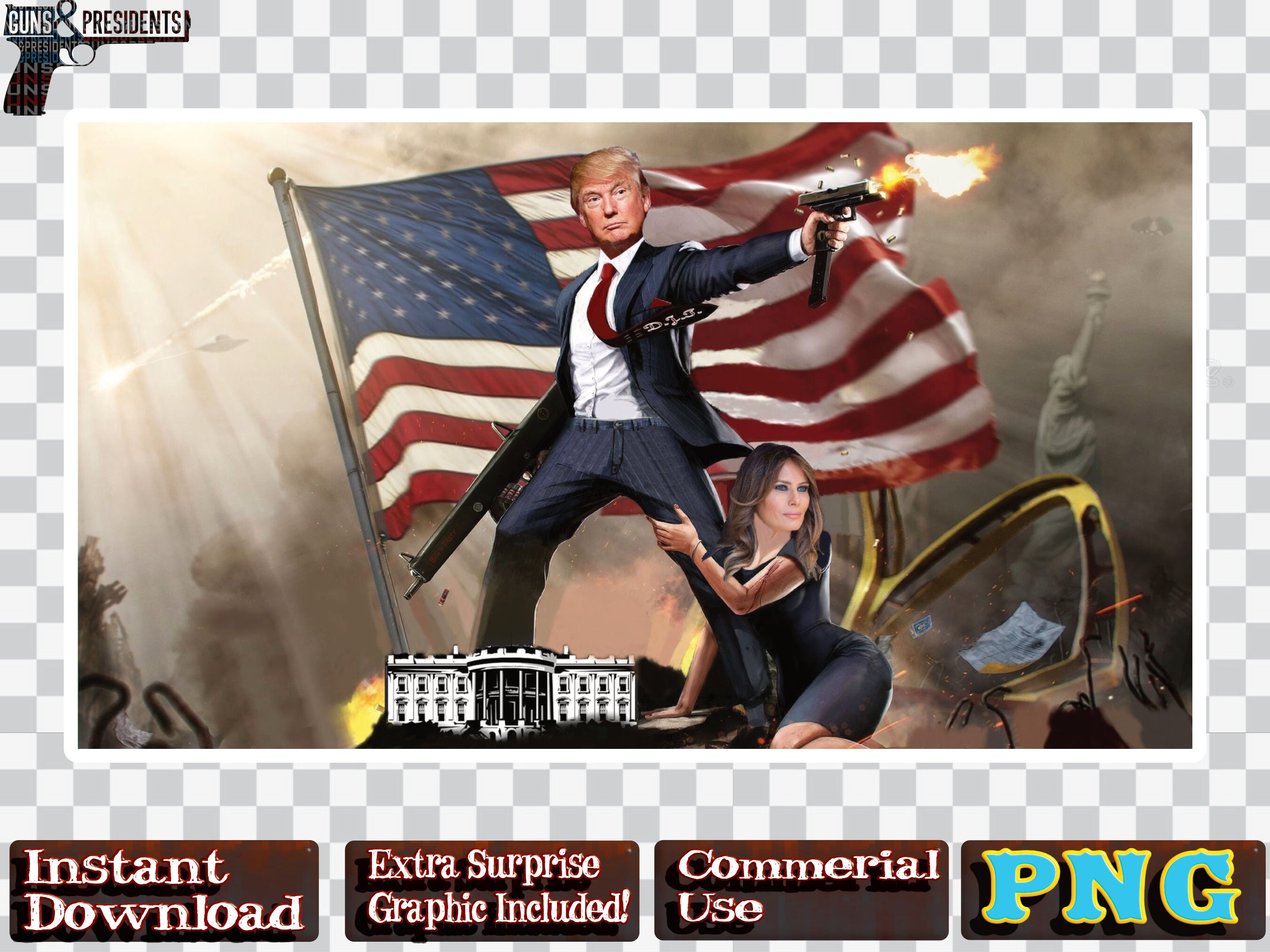 Comedic Trump Png, Trump Uzi PNG, Trump White House, Sublimation Design ...