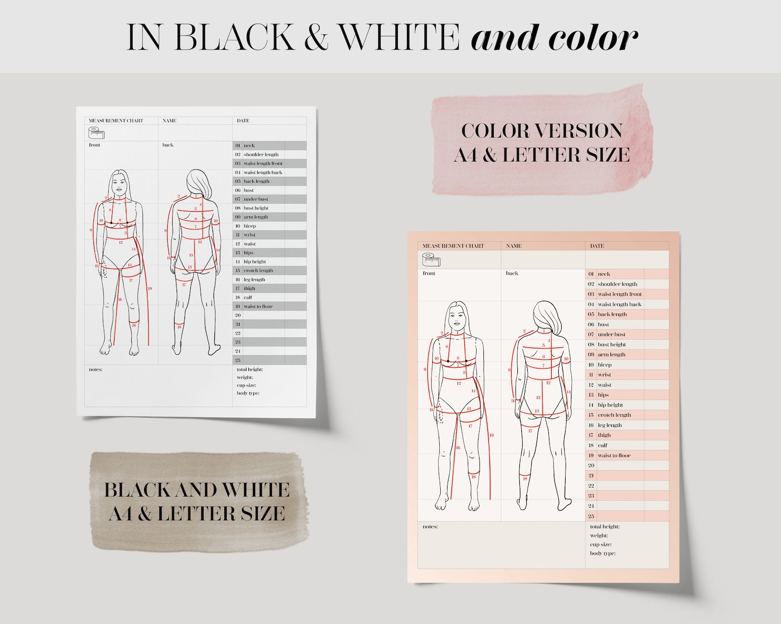 Body Size Chart Printable Digital Women Body Measurement Template ...