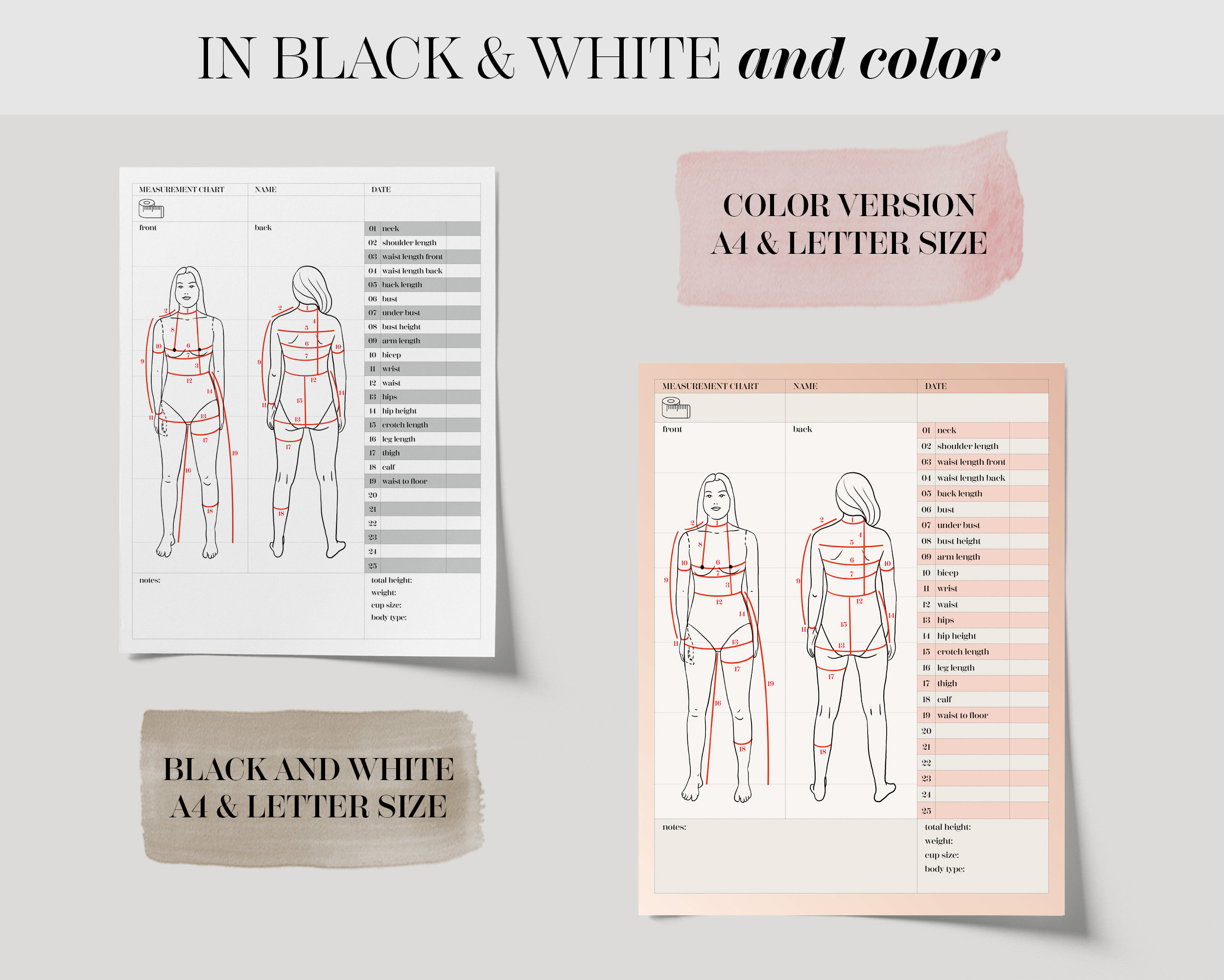 Body Size Chart Printable Digital Women Body Measurement Template, Sewing Size Chart, Body ...
