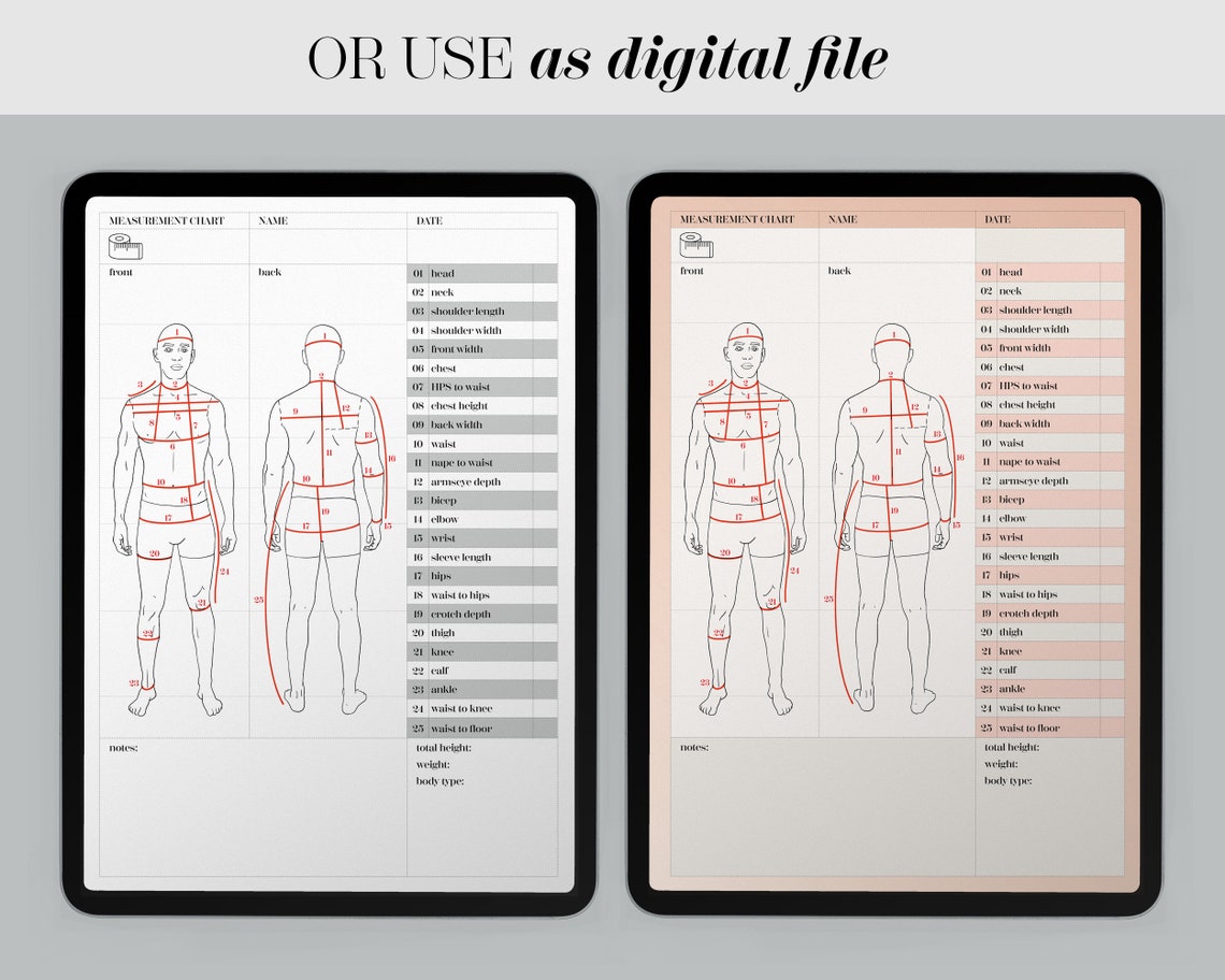 Body Size Chart Printable Digital Men Body Measurement Template, Sewing ...