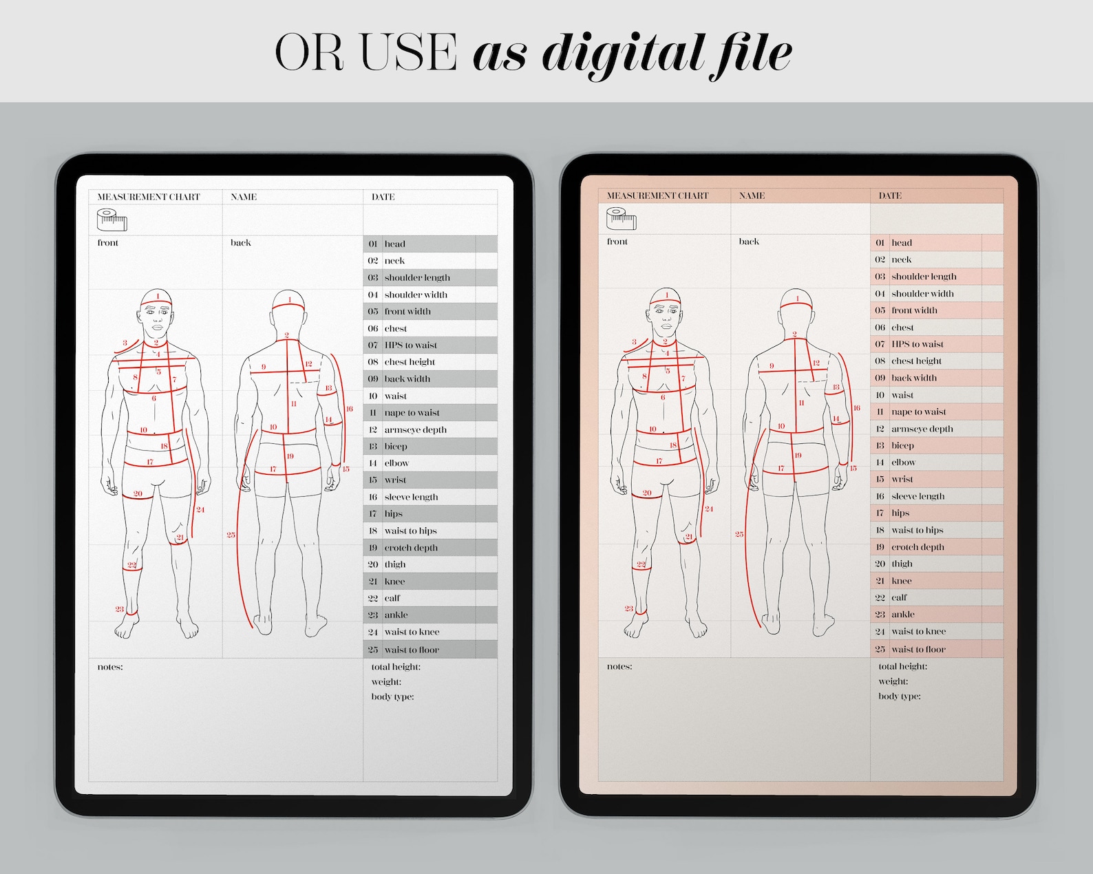 Body Size Chart Printable Digital Men Body Measurement Template, Sewing ...