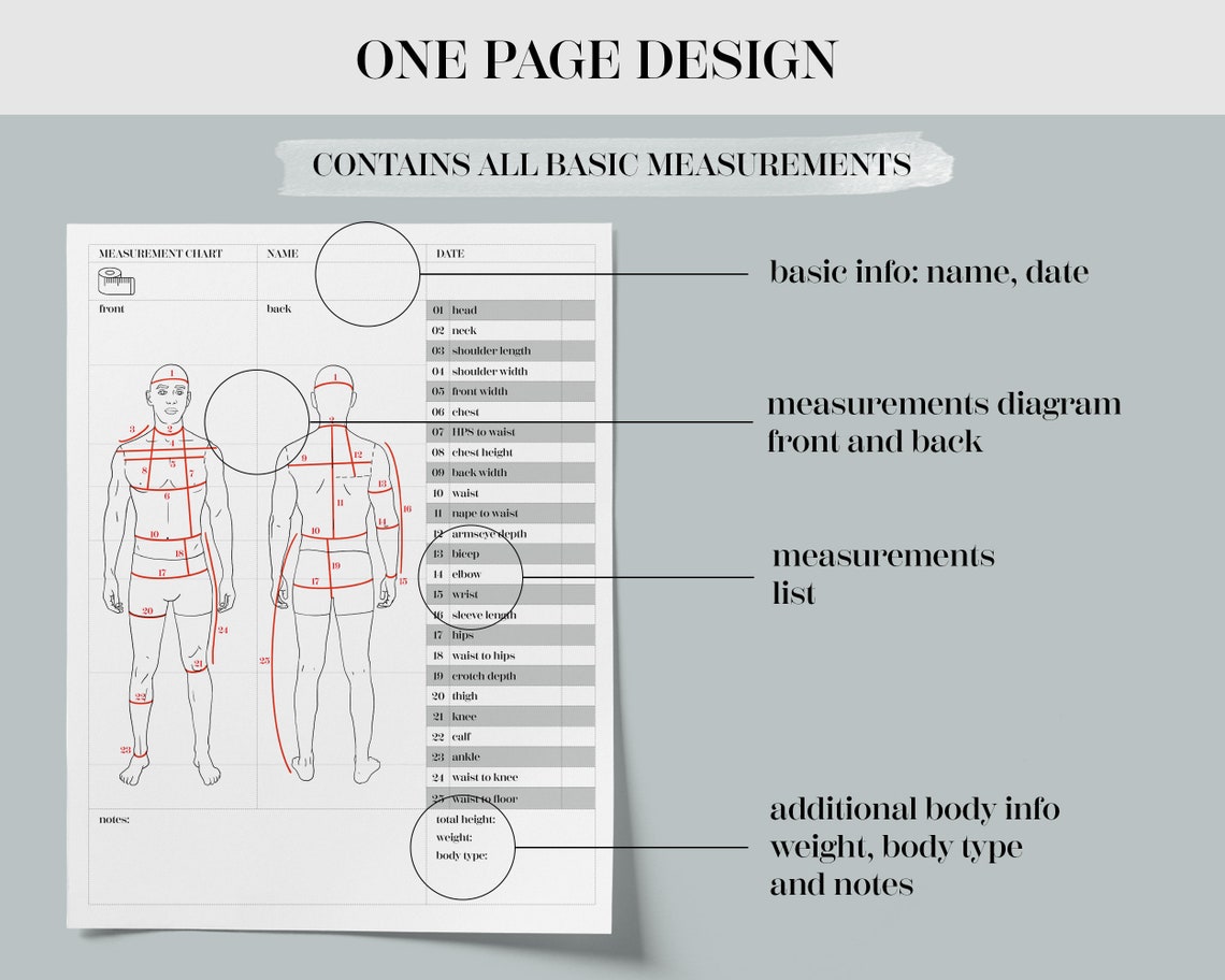 Body Size Chart Printable Digital Men Body Measurement - Etsy