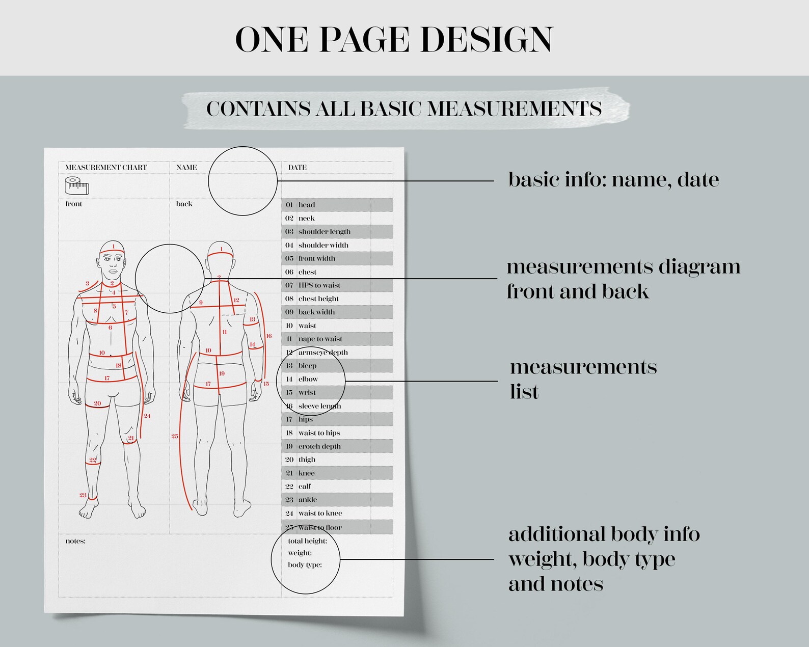 Body Size Chart Printable Digital Men Body Measurement - Etsy