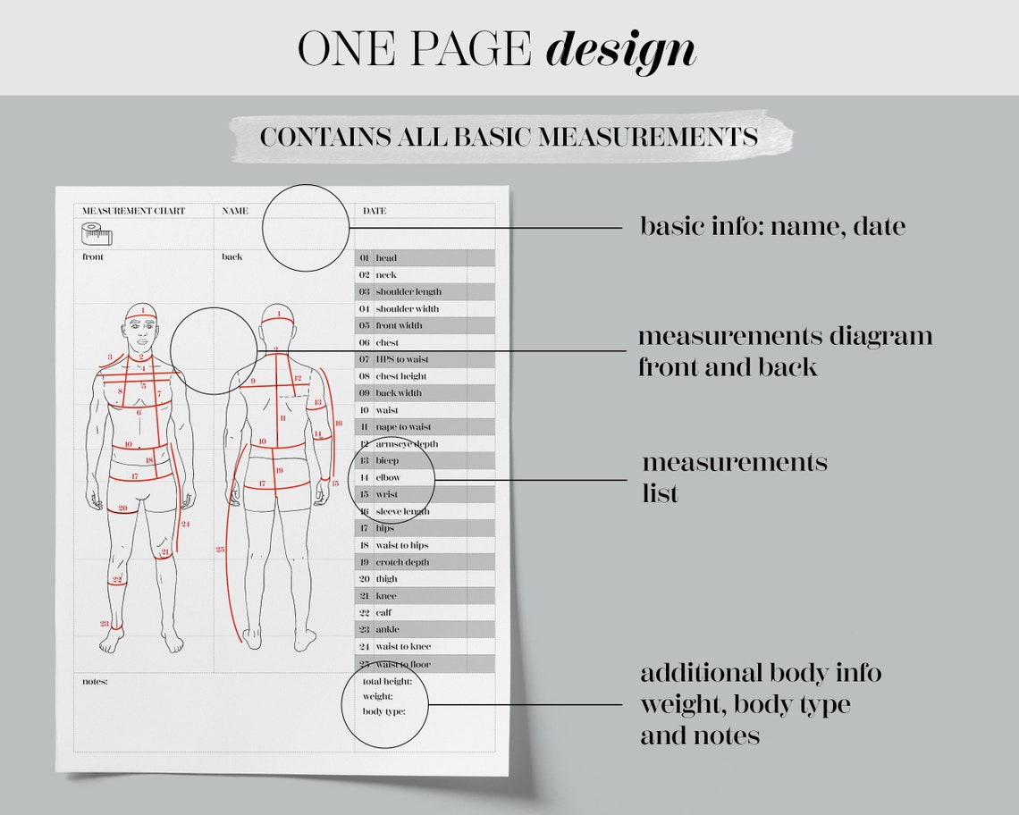 Body Size Chart Printable Digital Men Body Measurement Template, Sewing ...