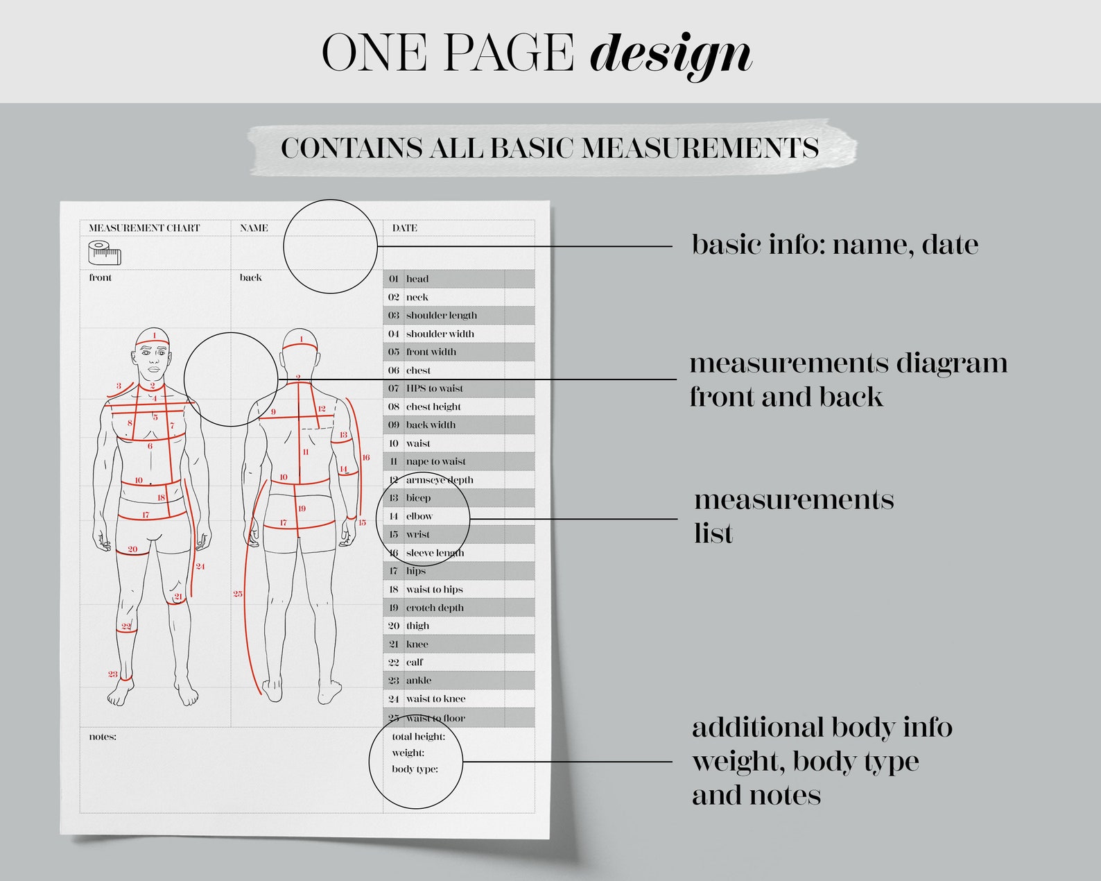 Body Size Chart Printable Digital Men Body Measurement Template, Sewing ...