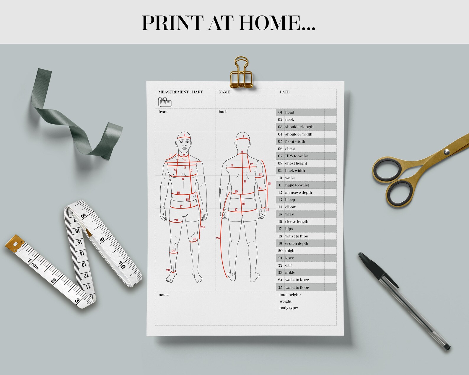 Body Size Chart Printable Digital Men Body Measurement - Etsy