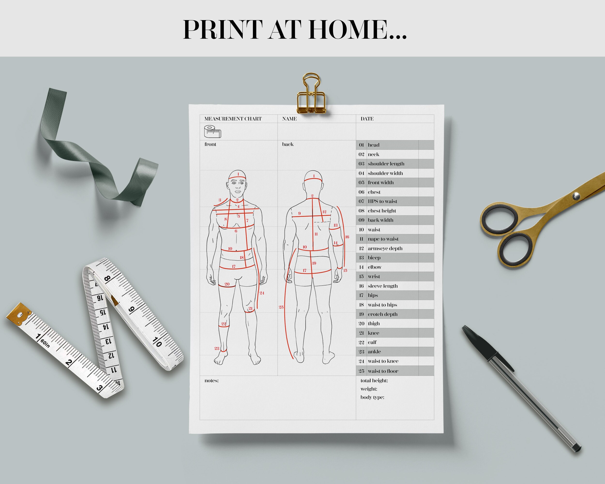 Body Size Chart Printable Digital Men Body Measurement - Etsy
