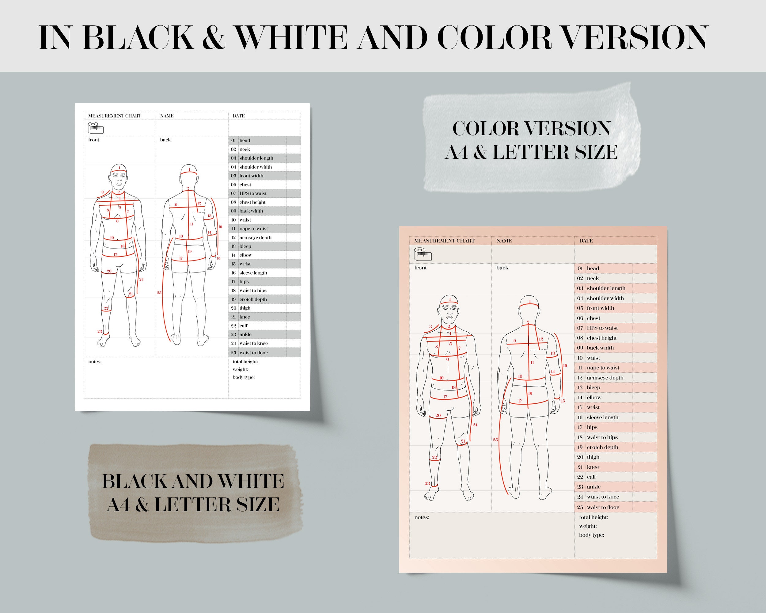 Body Size Chart Printable Digital Men Body Measurement - Etsy Australia