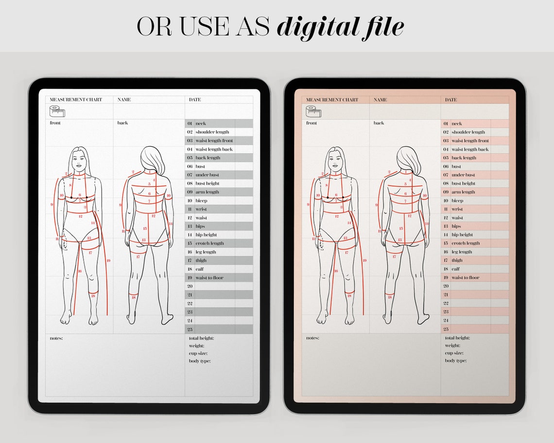 Body Size Chart Printable Digital Women Body Measurement Template ...