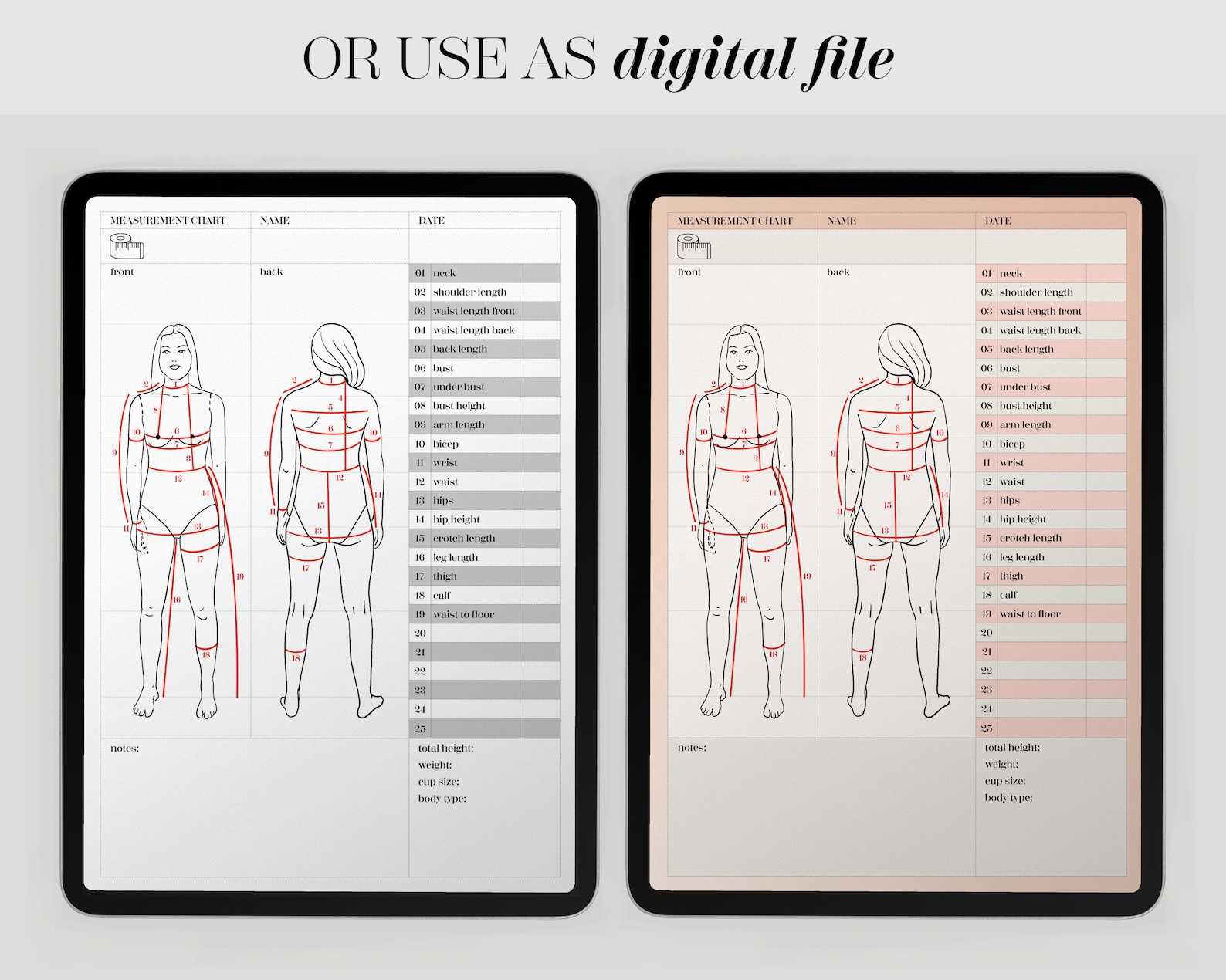 Body Size Chart Printable Digital Women Body Measurement Template ...