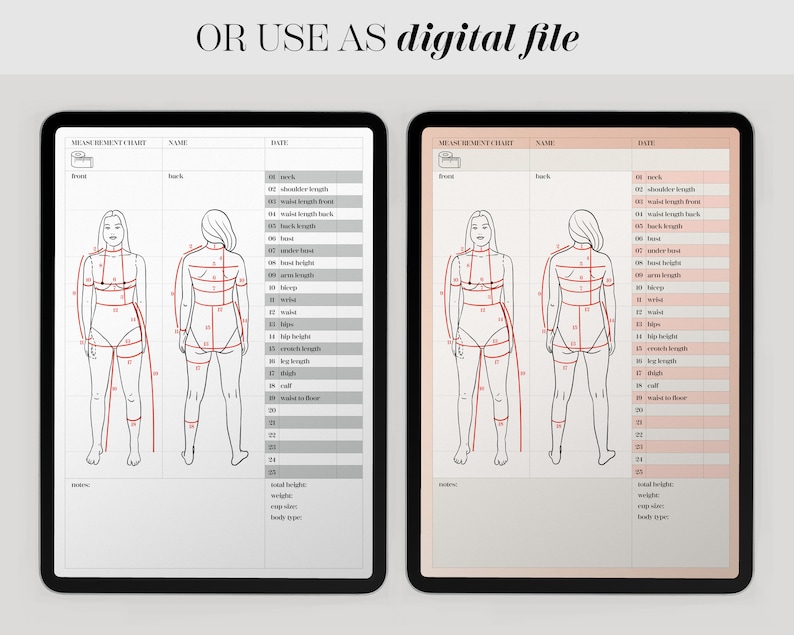 Body Size Chart Printable Digital Women Body Measurement Template ...