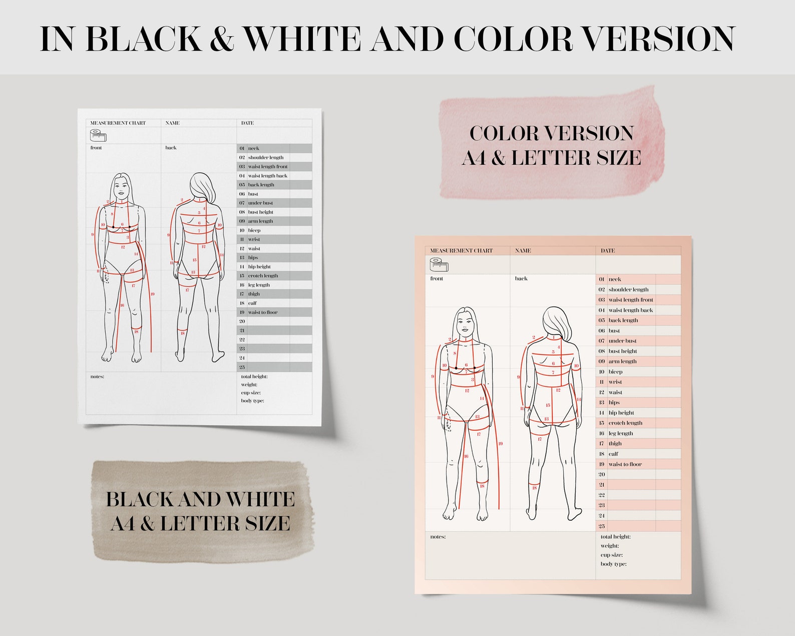 Body Size Chart Printable Digital Women Body Measurement - Etsy UK
