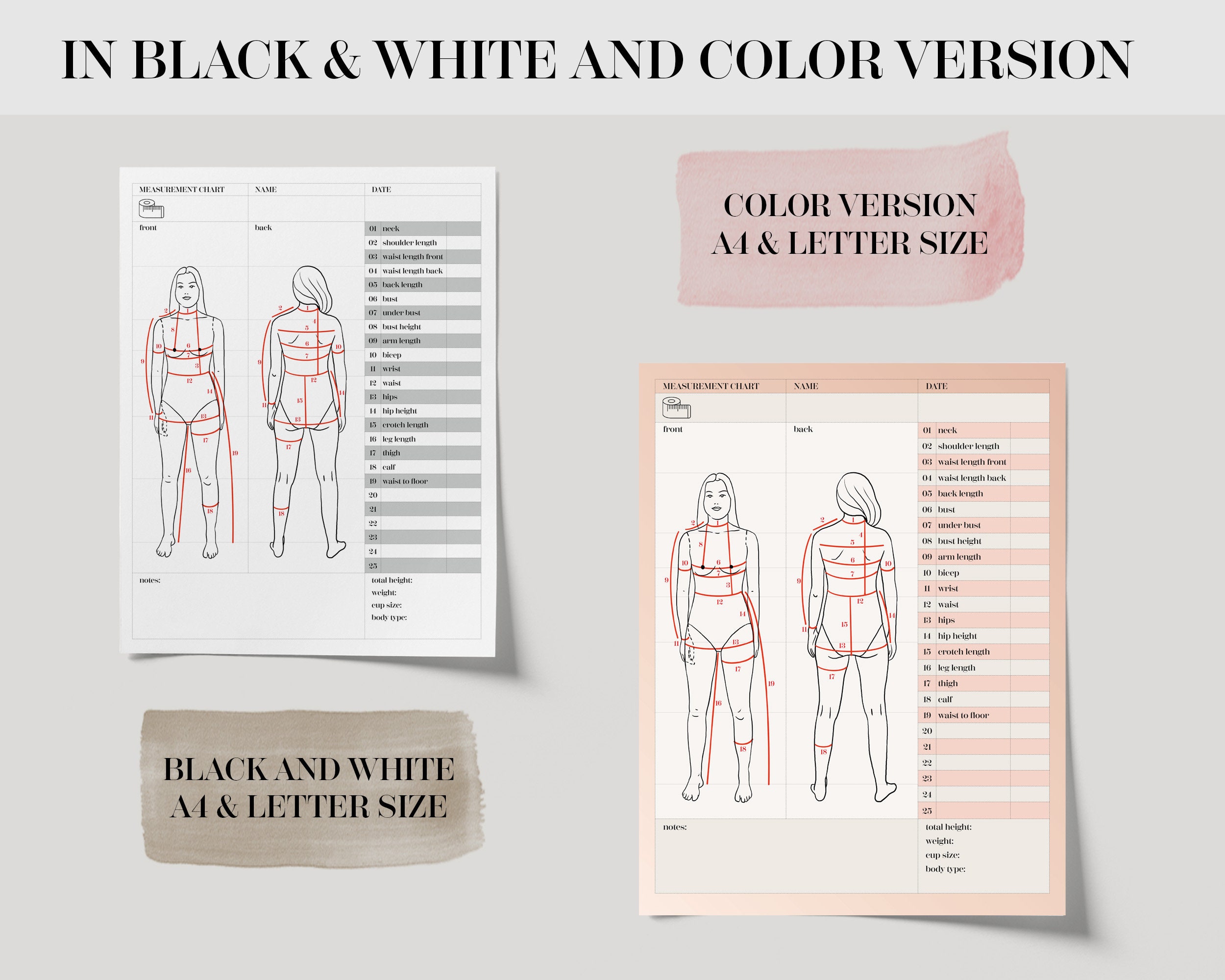Body Size Chart Printable Digital Women Body Measurement - Etsy UK