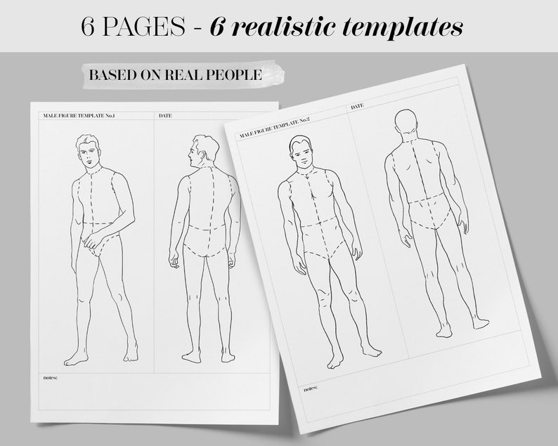 Realistic Men Body Fashion Figure Printable Template Bundle Set of 6 ...