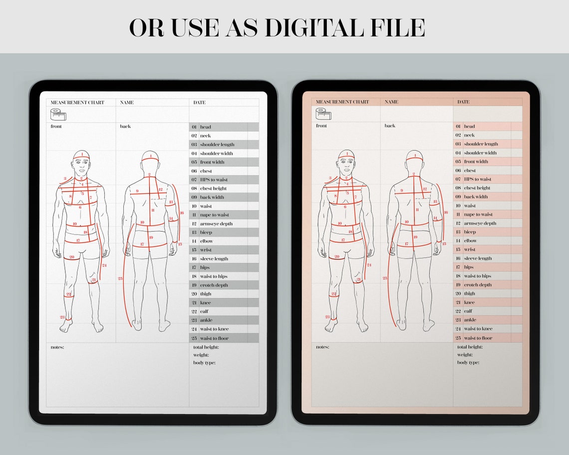Body Size Chart Printable Digital Men Body Measurement - Etsy