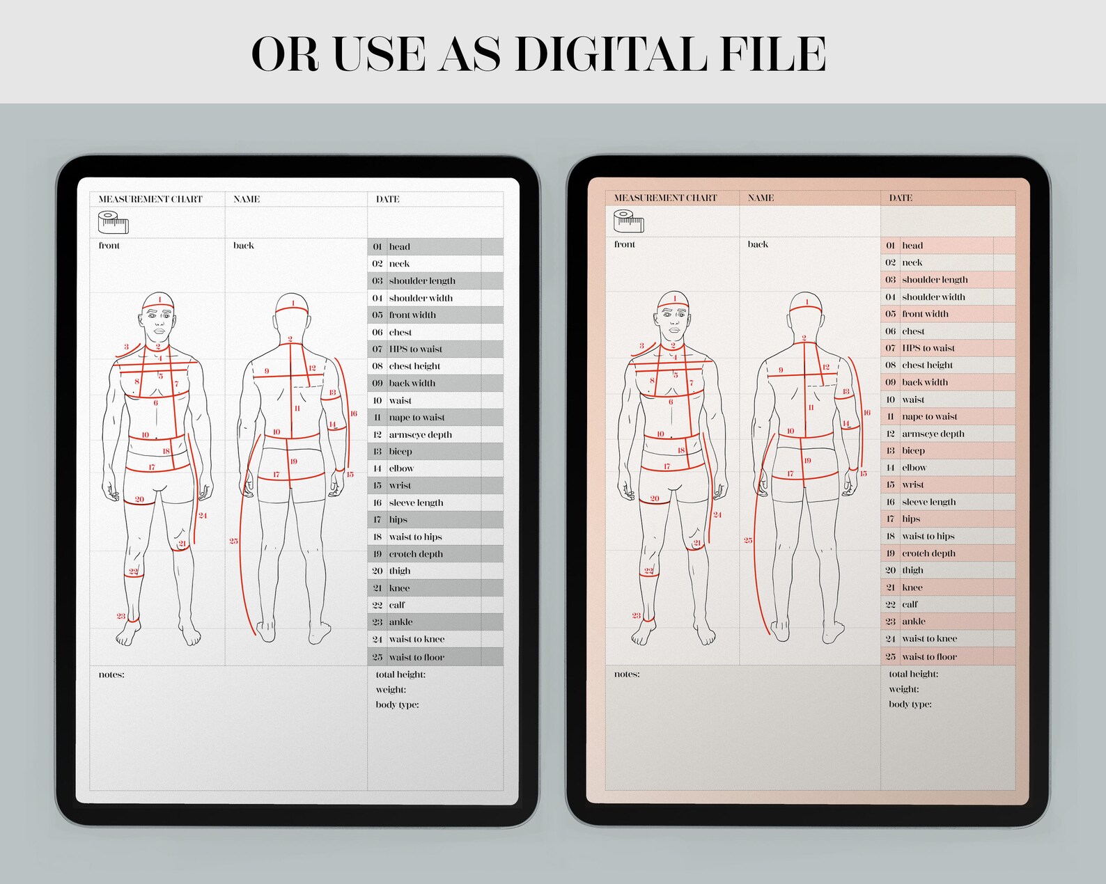 Body Size Chart Printable Digital Men Body Measurement - Etsy