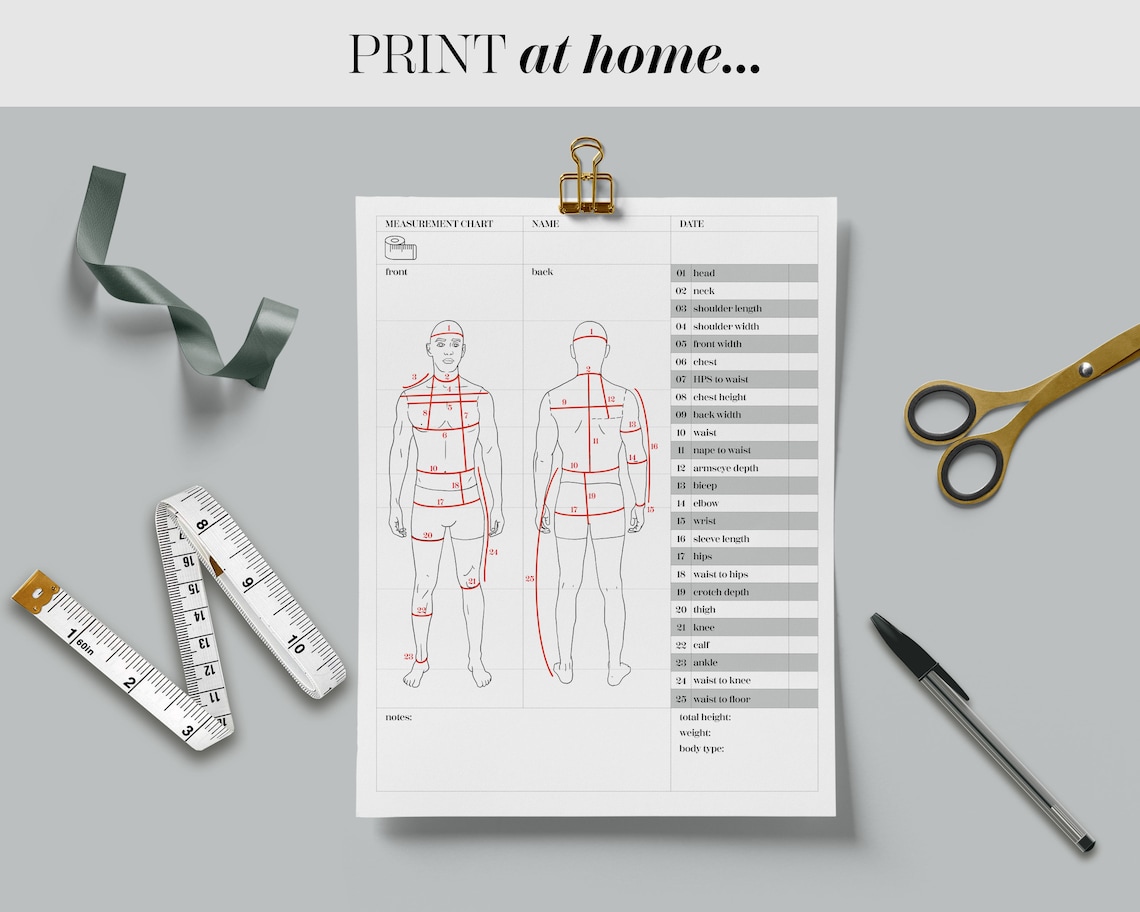 Body Size Chart Printable Digital Men Body Measurement Template, Sewing ...