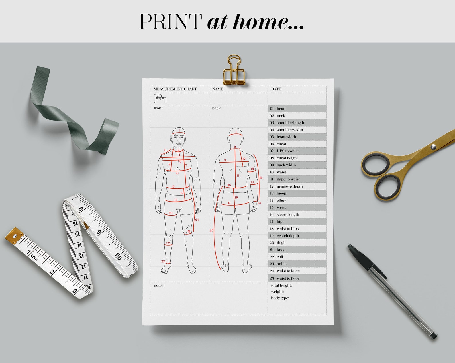 Body Size Chart Printable Digital Men Body Measurement Template, Sewing ...