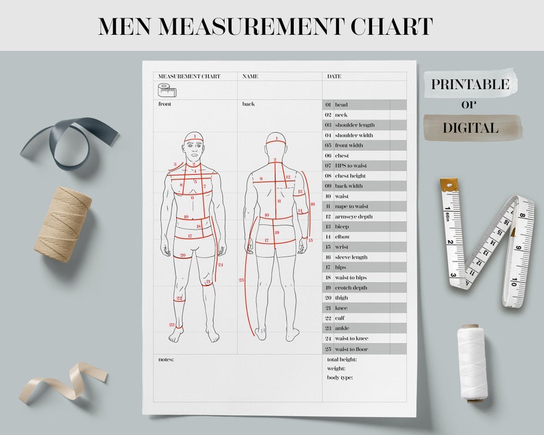 Body Size Chart Printable Digital Men Body Measurement - Etsy