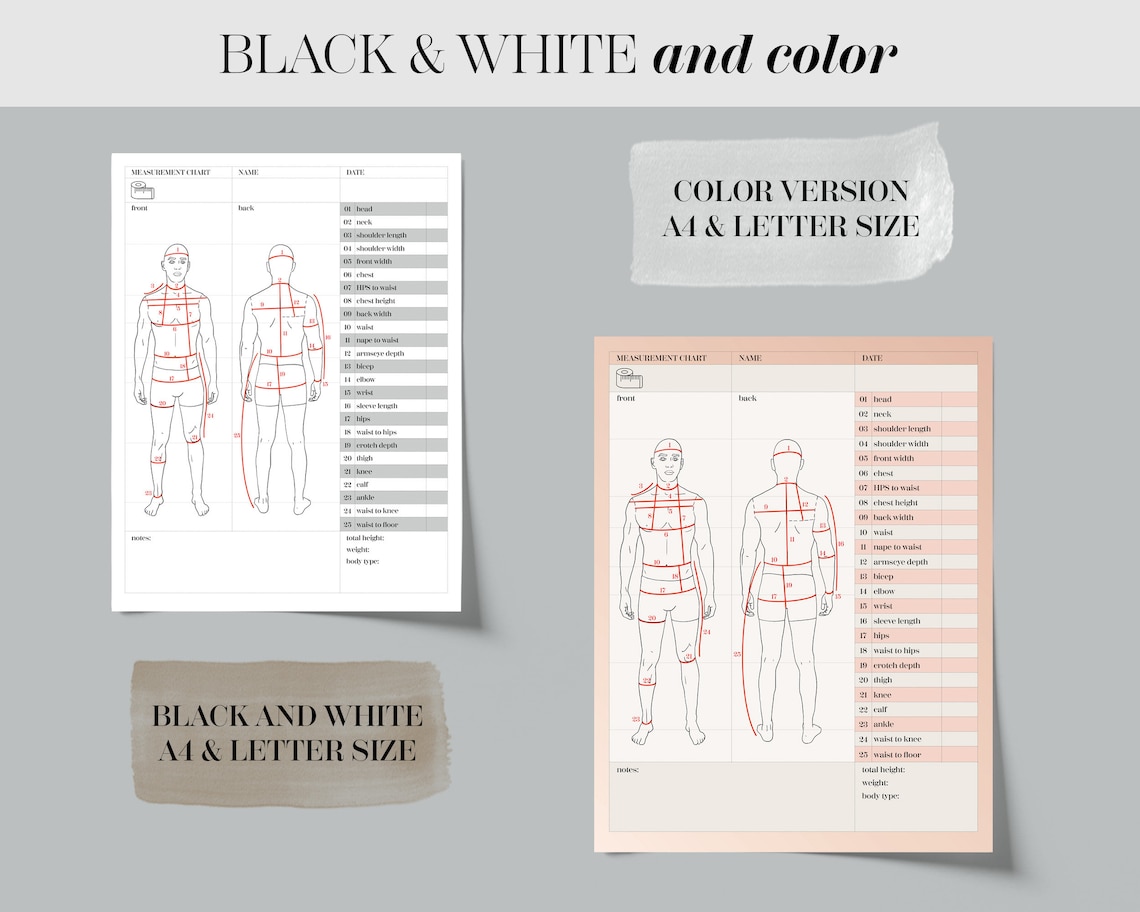 Body Size Chart Printable Digital Men Body Measurement Template, Sewing ...