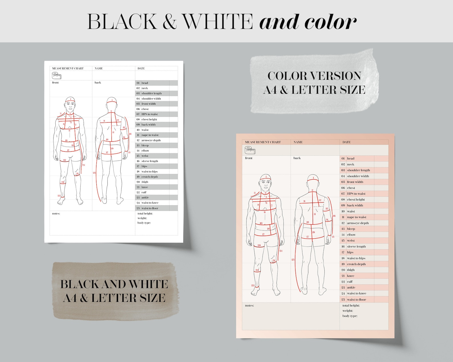 Body Size Chart Printable Digital Men Body Measurement Template, Sewing ...
