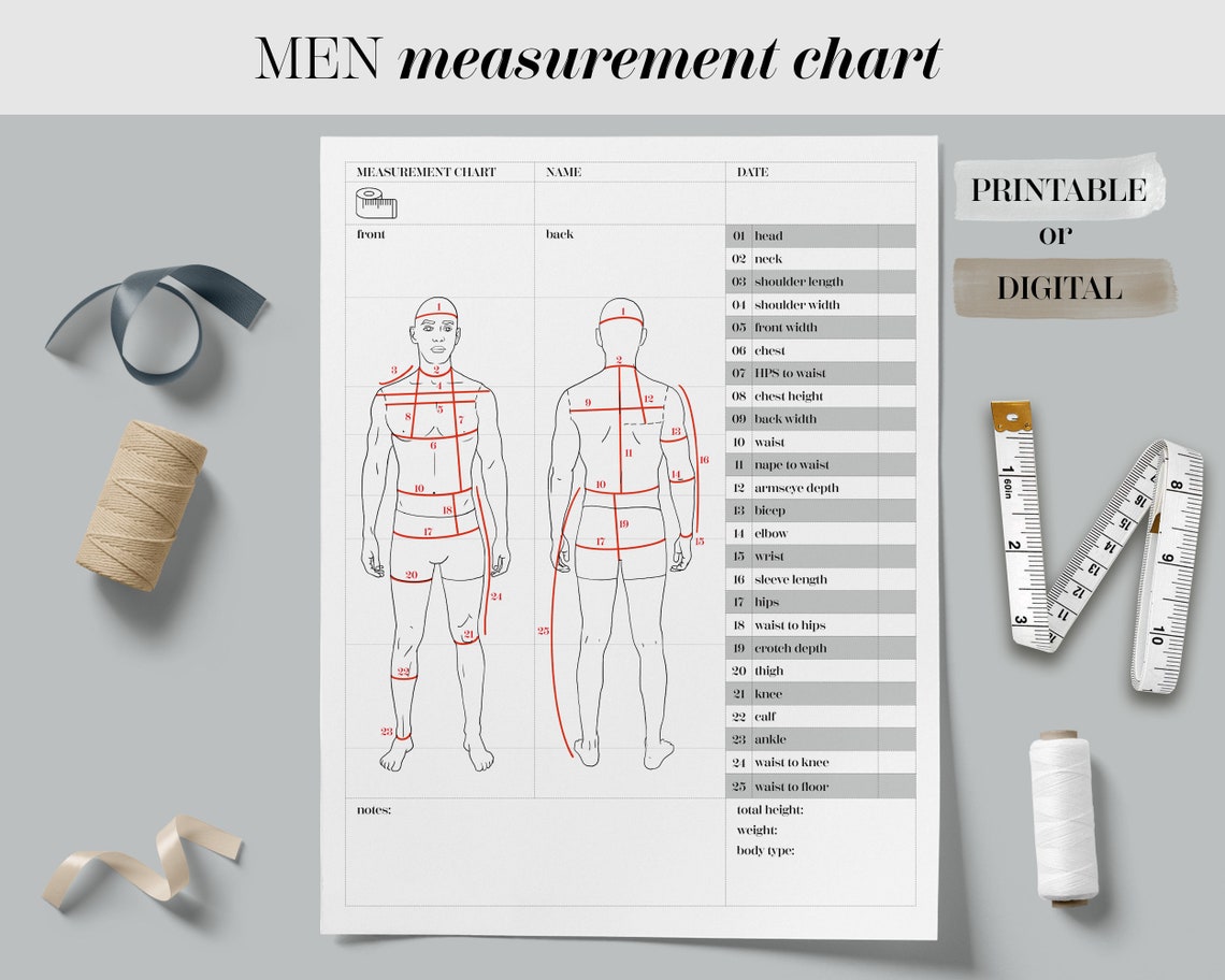 Body Size Chart Printable Digital Men Body Measurement Template, Sewing ...
