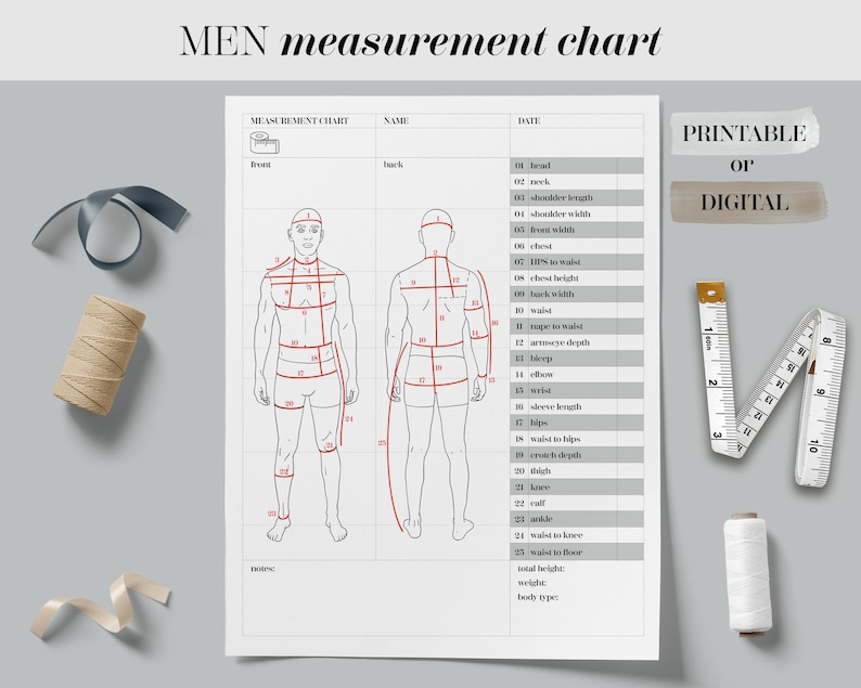 Body Size Chart Printable Digital Men Body Measurement Template, Sewing ...