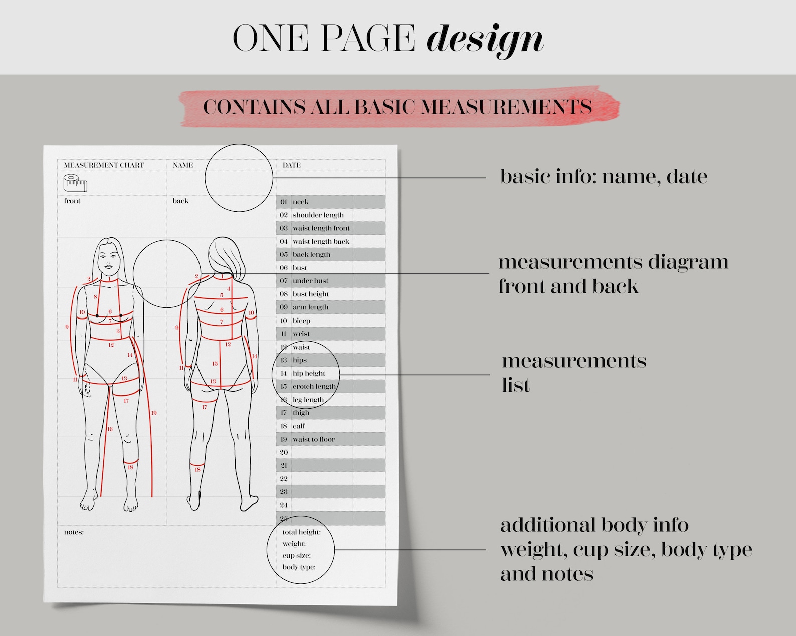 Body Size Chart Printable Digital Women Body Measurement Template ...
