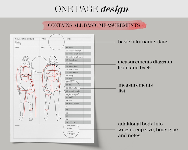 Body Size Chart Printable Digital Women Body Measurement Template ...